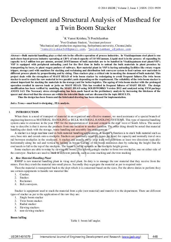 (PDF) Development and Structural Analysis of Masthead for a Twin Boom Stacker