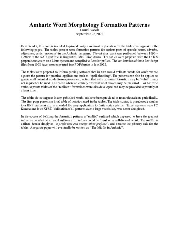 (PDF) Amharic Word Morphology Formation Patterns