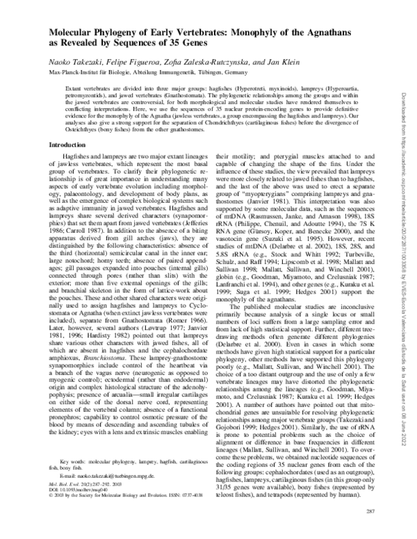 (PDF) Molecular Phylogeny of Early Vertebrates: Monophyly of the ...