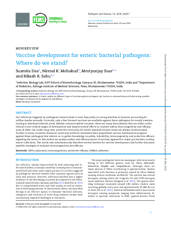 (PDF) Vaccine development for enteric bacterial pathogens: Where do we ...
