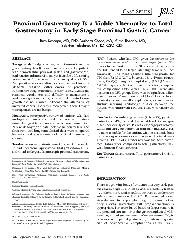 (PDF) Proximal Gastrectomy Is a Viable Alternative to Total Gastrectomy ...