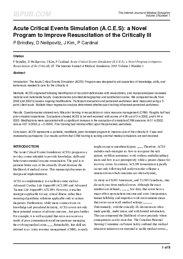 (PDF) Acute Critical Events Simulation (A.C.E.S): a Novel Program to ...
