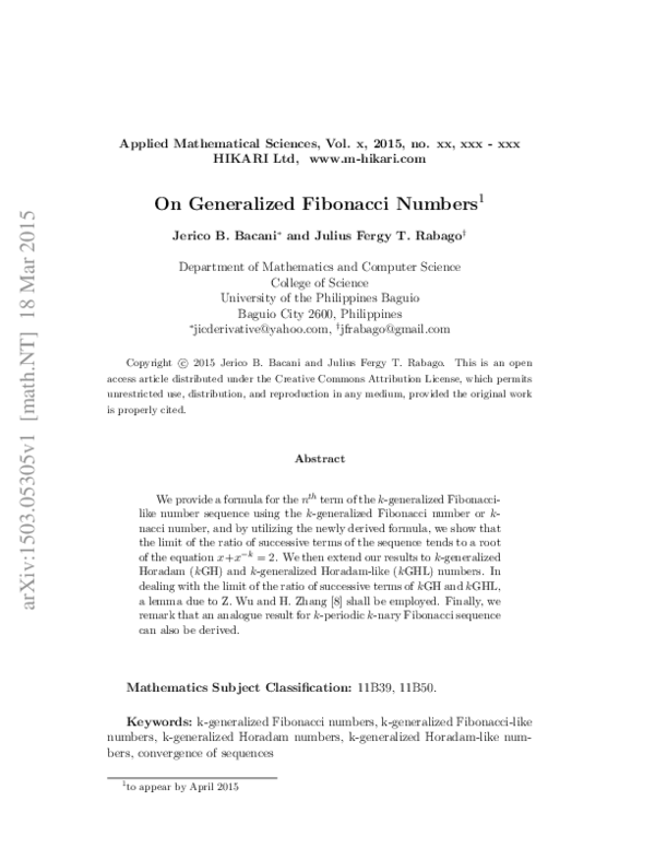 (PDF) On Generalized Fibonacci Numbers 1 | Jerico Bacani - Academia.edu