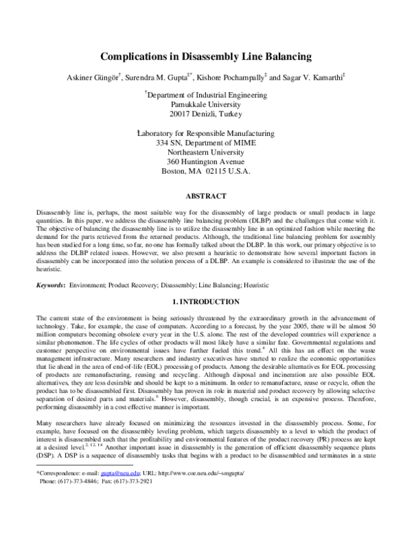 (PDF) Complications in disassembly line balancing
