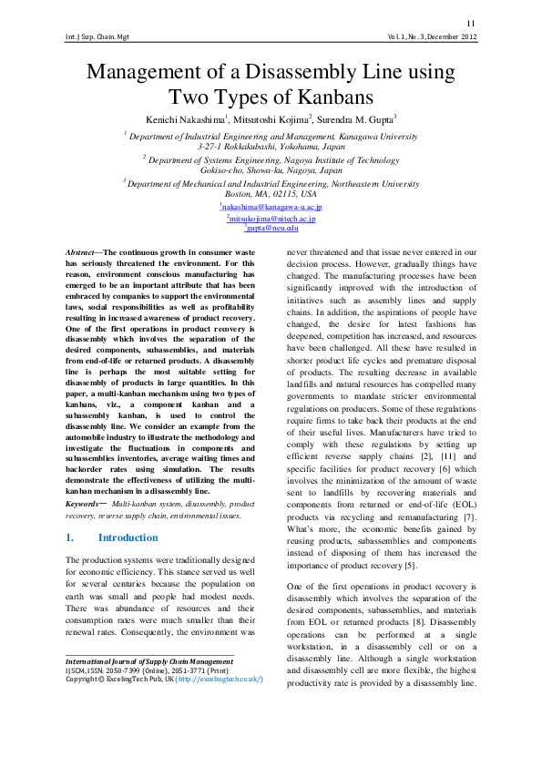 (PDF) Management of a disassembly line using two types of kanbans