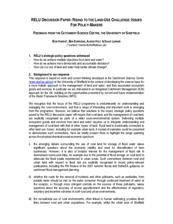 (PDF) Relu Discussion Paper: Rising to the Land-Use Challenge: Issues ...