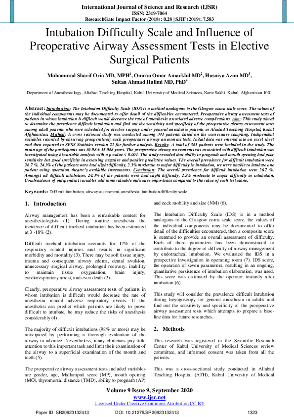 (PDF) Intubation Difficulty Scale and Influence of Preoperative Airway ...