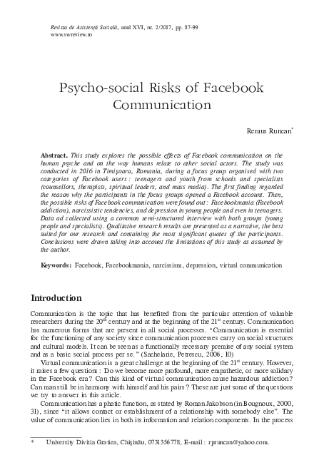 (PDF) Psycho-social Risks of Facebook Communication