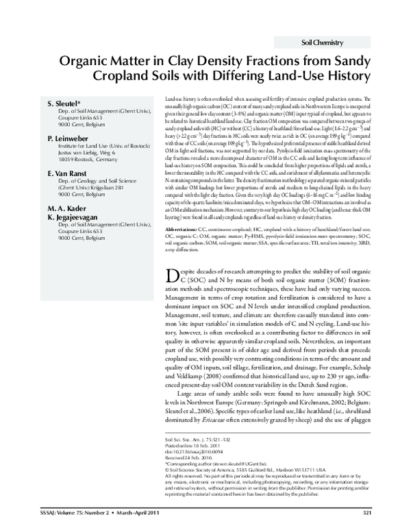(PDF) Organic Matter in Clay Density Fractions from Sandy Cropland Soils with Differing Land-Use ...