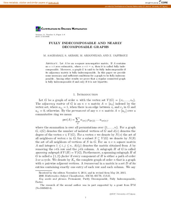 (PDF) Fully Indecomposable and Nearly Decomposable Graphs