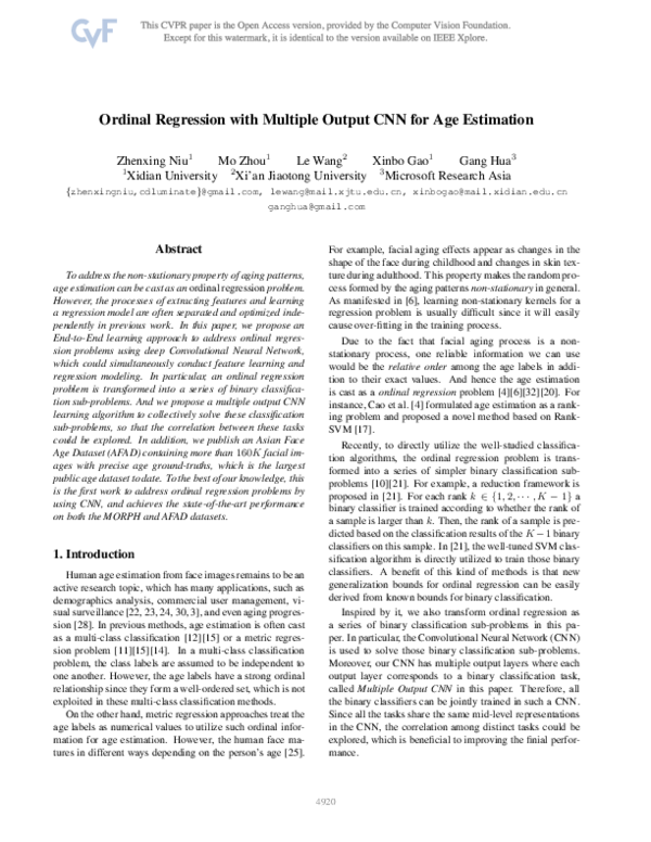 (PDF) Ordinal Regression with Multiple Output CNN for Age Estimation