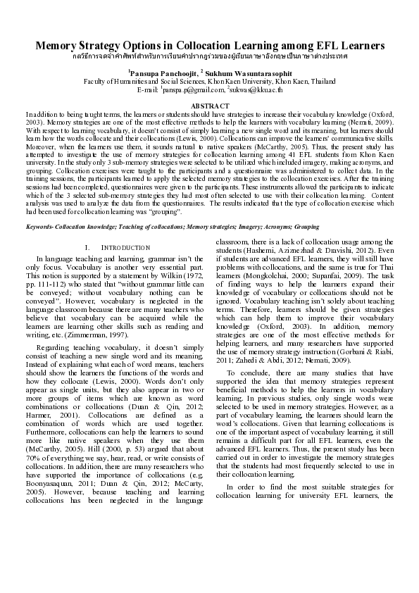(PDF) Memory Strategy Options in Collocation Learning among EFL Learners