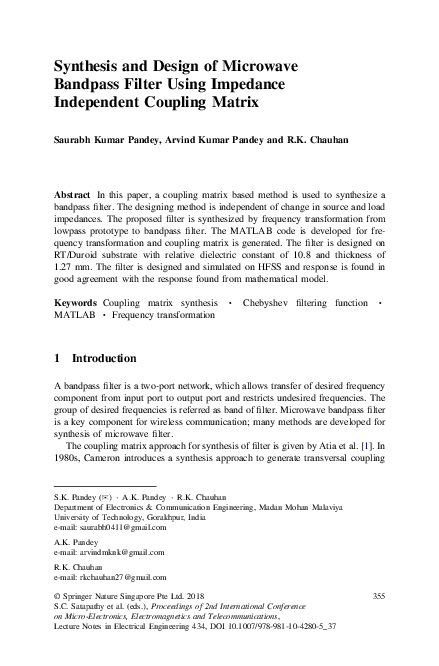 Pdf Synthesis And Design Of Microwave Bandpass Filter Using Impedance Independent Coupling