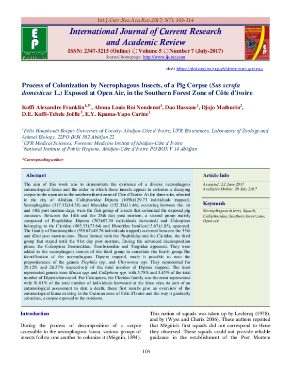 (PDF) Process of Colonization by Necrophagous Insects, of a Pig Corpse ...