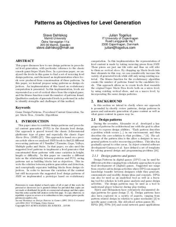 (PDF) Patterns as Objectives for Level Generation