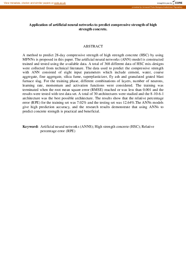 (PDF) Application of artificial neural networks to predict compressive strength of high strength ...