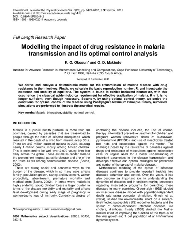 (PDF) Modelling the impact of drug resistance in malaria transmission and its optimal control ...