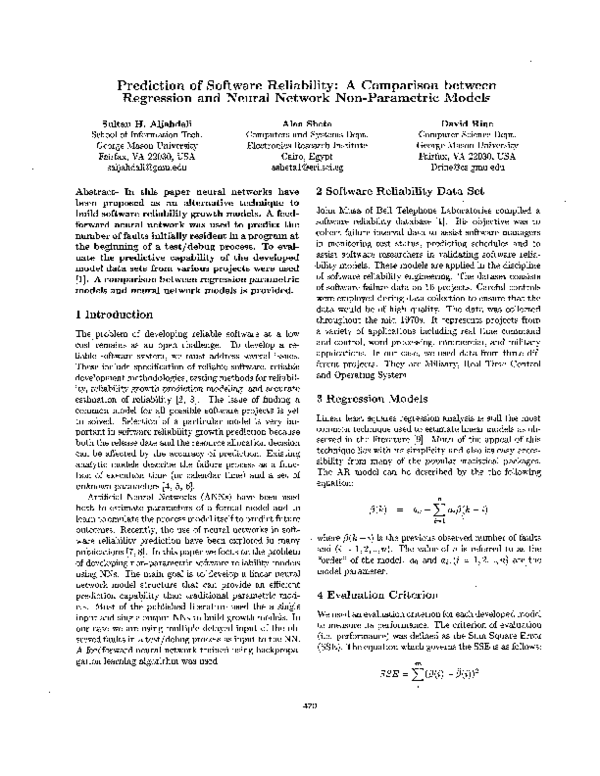 (PDF) Prediction of software reliability: a comparison between regression and neural network non ...