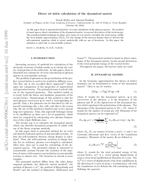 Pdf Direct Ab Initio Calculation Of The Dynamical Matrix