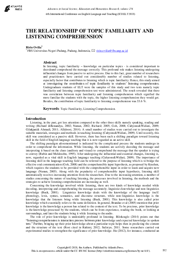 (PDF) The Relationship of Topic Familiarity and Listening Comprehension