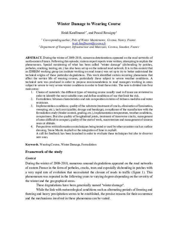 (PDF) Winter Damage to Wearing Course