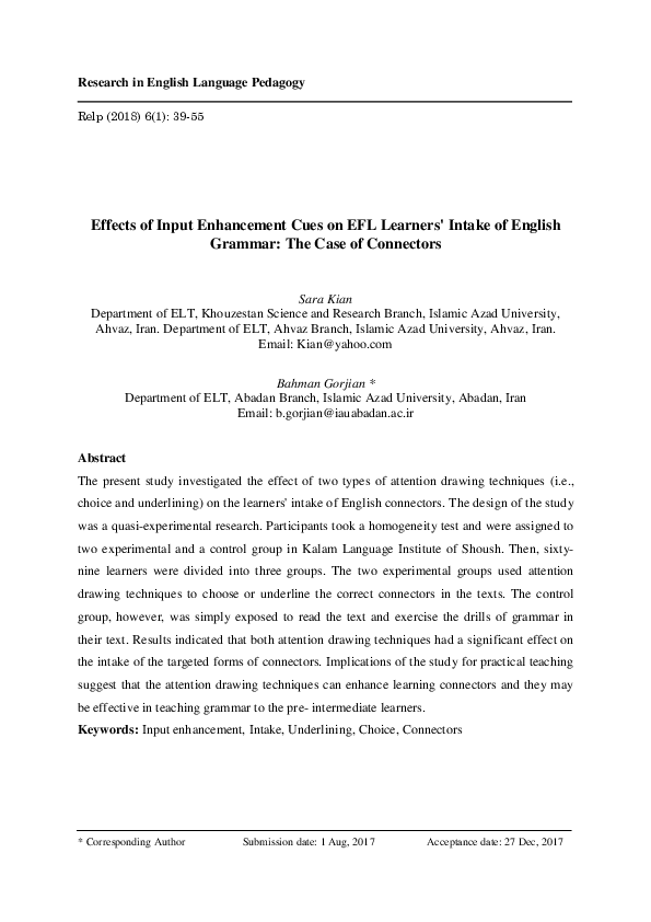 (PDF) Effects of Input Enhancement Cues on EFL Learners' Intake of English Grammar: The Case of ...