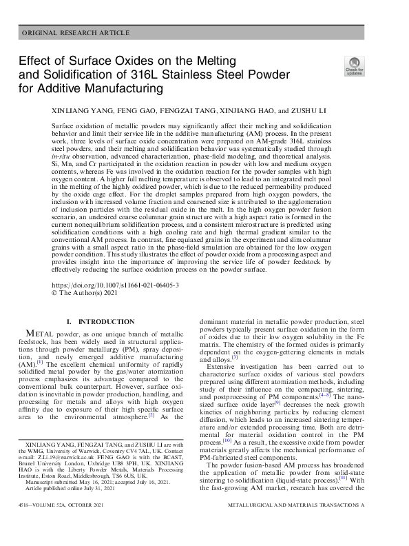 (PDF) Effect of Surface Oxides on the Melting and Solidification of ...