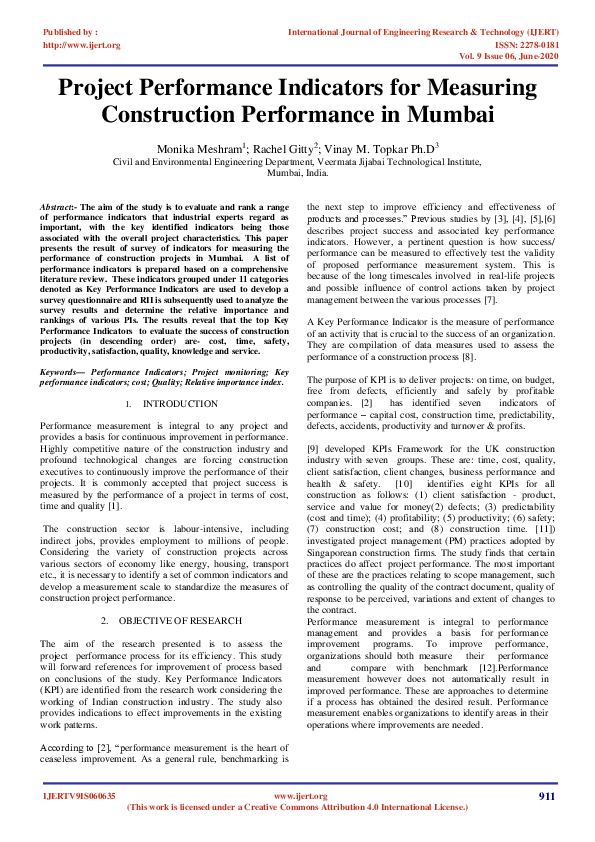 (PDF) Project Performance Indicators for Measuring Construction Performance in Mumbai