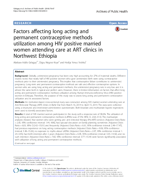 (PDF) Factors affecting long acting and permanent contraceptive methods utilization among HIV ...