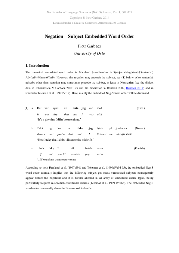 (PDF) Negation – Subject Embedded Word Order
