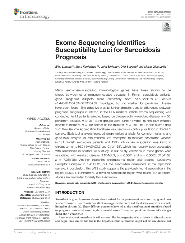 (PDF) Exome Sequencing Identifies Susceptibility Loci for Sarcoidosis Prognosis