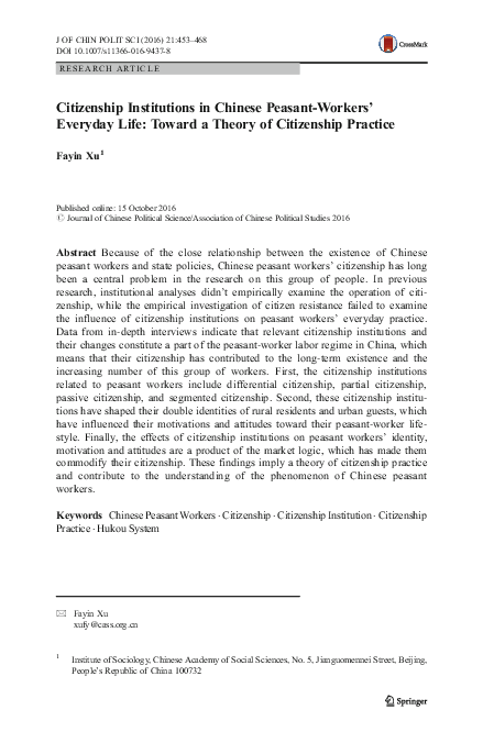 (PDF) Citizenship Institutions in Chinese Peasant-Workers’ Everyday ...