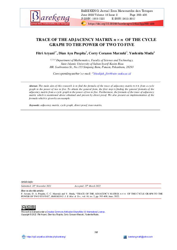 (PDF) TRACE OF THE ADJACENCY MATRIX n×n OF THE CYCLE GRAPH TO THE POWER ...