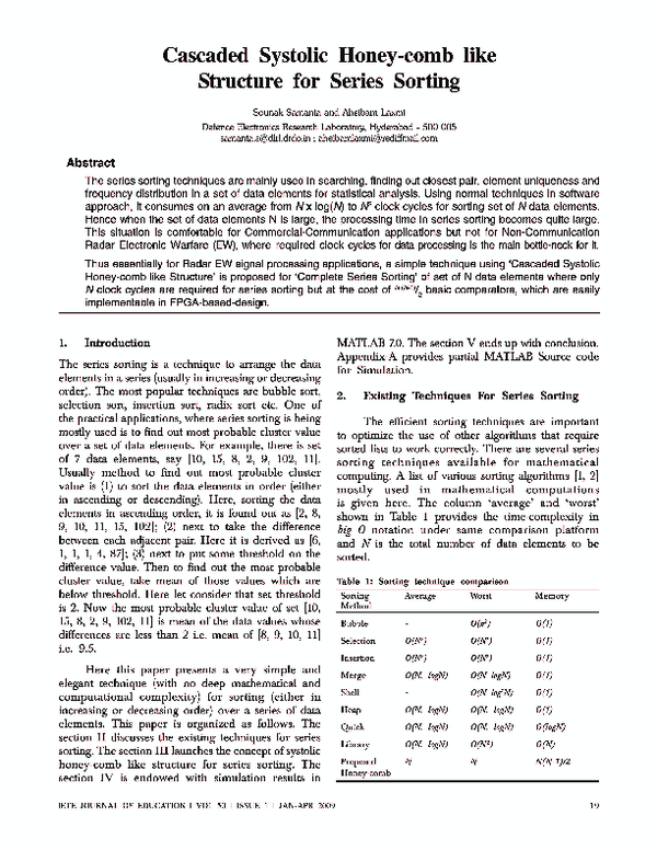 (PDF) Cascaded Systolic Honey-comb like Structure for Series Sorting