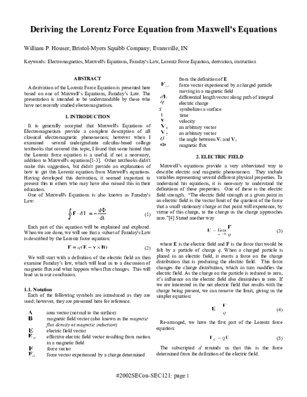 Pdf Deriving The Lorentz Force Equation From Maxwells Equations