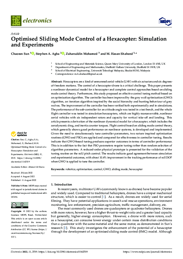 Pdf Optimised Sliding Mode Control Of A Hexacopter Simulation And Experiments