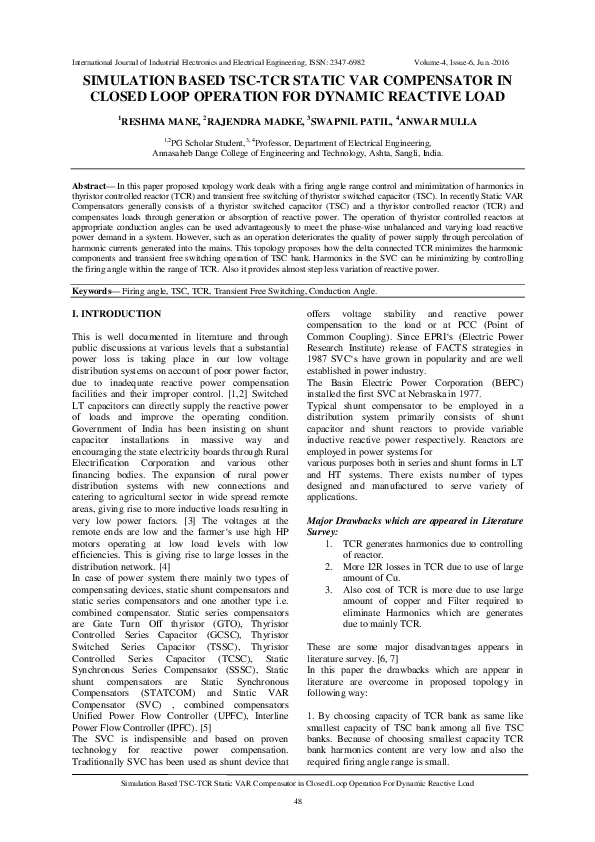 Pdf Simulation Based Tsc Tcr Static Var Compensator In Closed Loop Operation For Dynamic 1102