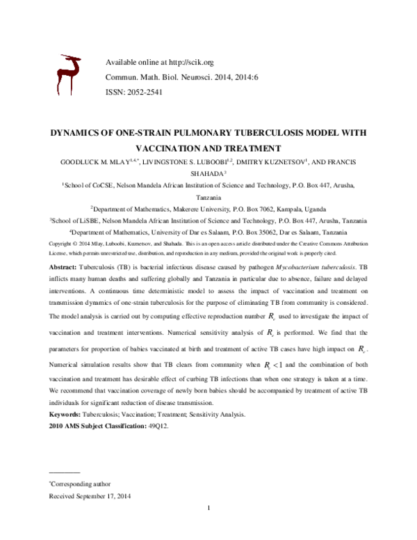 (PDF) Dynamics of one-strain pulmonary tuberculosis model with ...