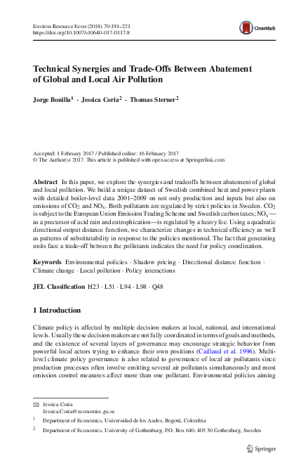 Pdf Technical Synergies And Trade Offs Between Abatement Of Global And Local Air Pollution