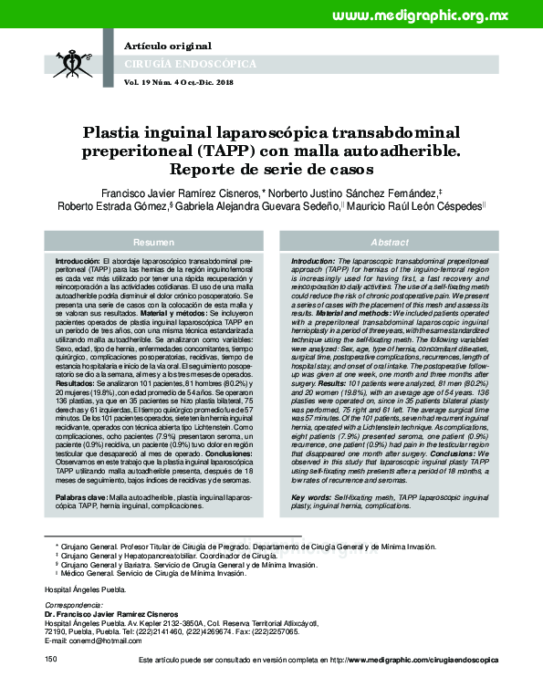 (PDF) Plastia inguinal laparoscópica transabdominal preperitoneal (TAPP) con malla autoadherible ...