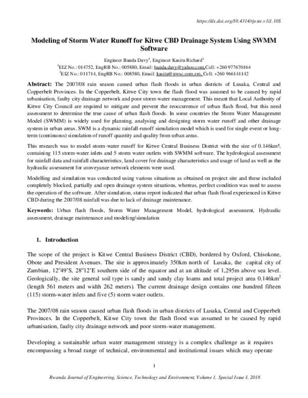(PDF) Modeling of storm water runoff for Kitwe CBD drainage system using SWMM software