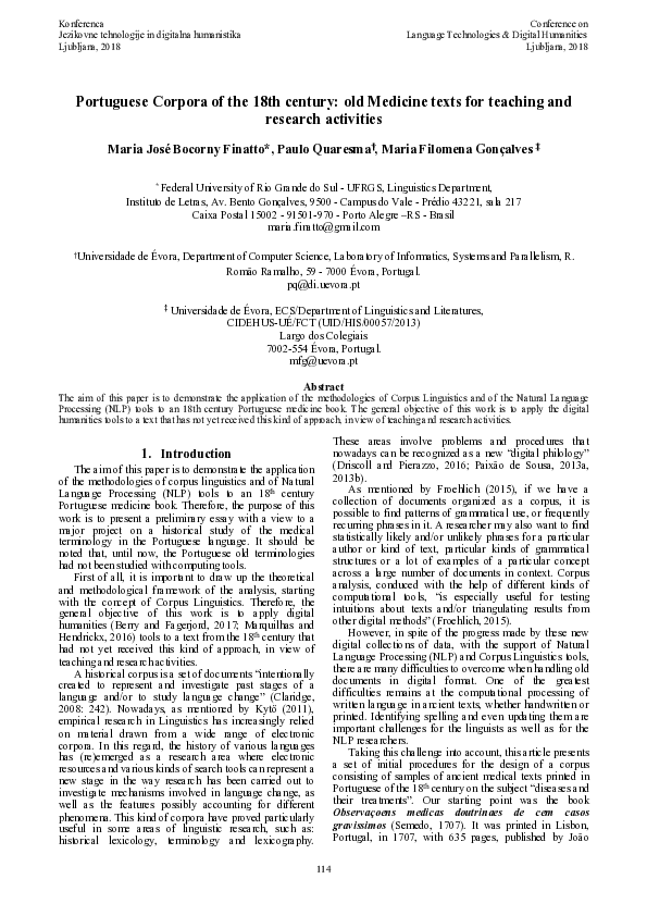 (PDF) Portuguese corpora of the 18th century: old Medicine texts for ...