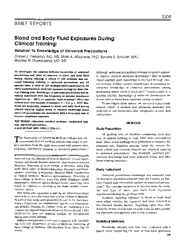 (PDF) Blood and body fluid exposures during clinical training