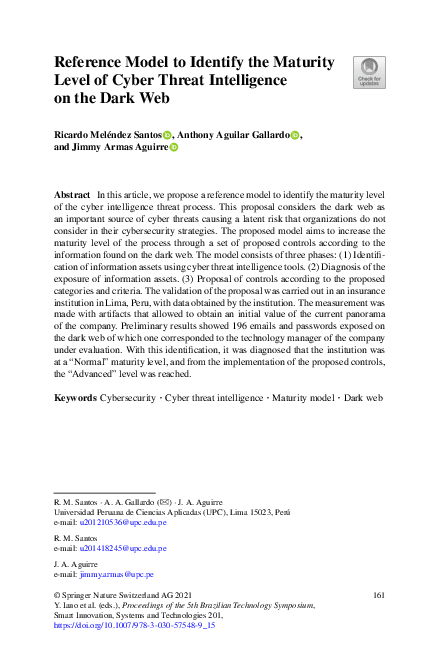 (PDF) Reference Model to Identify the Maturity Level of Cyber Threat Intelligence on the Dark Web