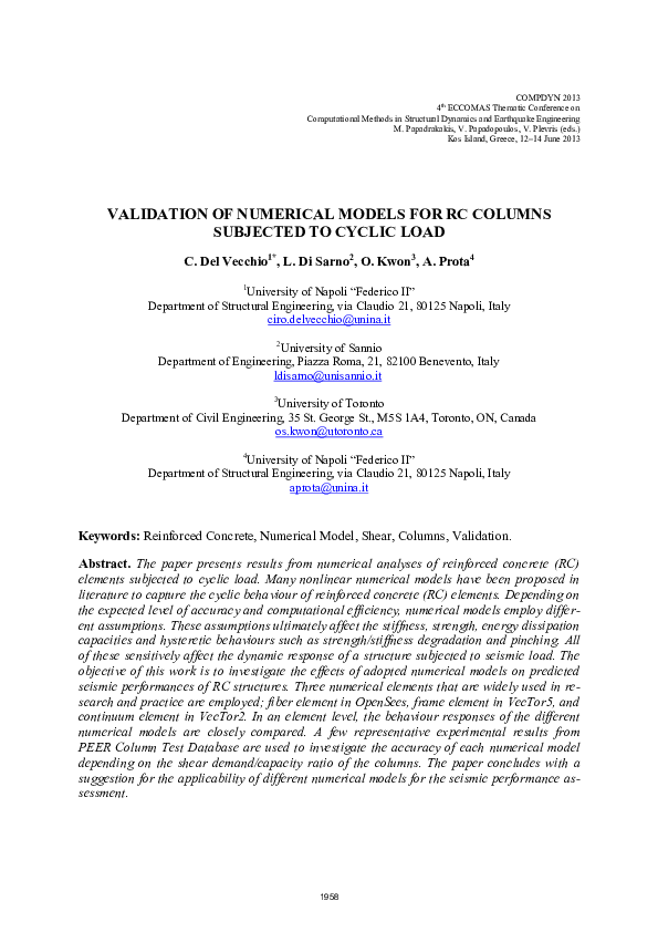 Pdf Validation Of Numerical Models For Rc Columns Subjected To Cyclic