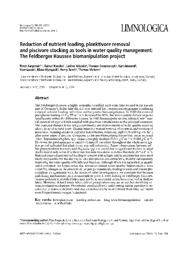 (PDF) Reduction of nutrient loading, planktivore removal and piscivore ...