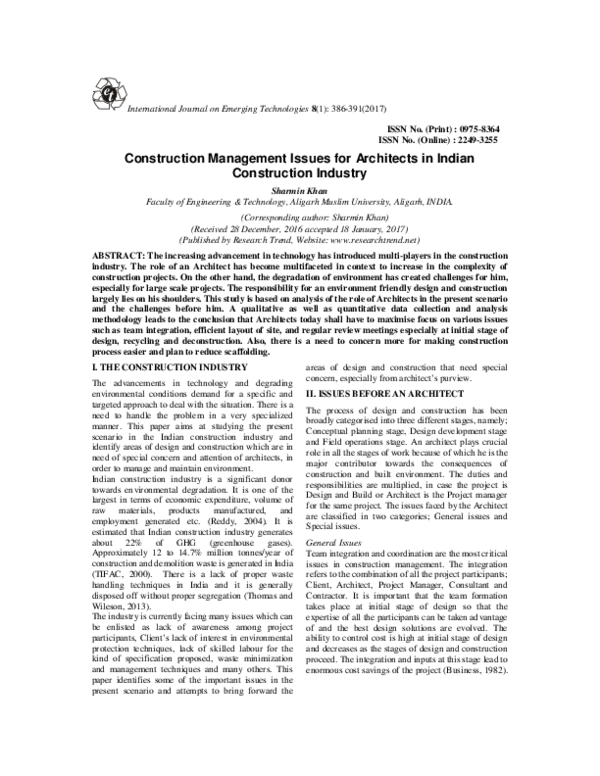 (PDF) Construction Management Issues for Architects in Indian ...