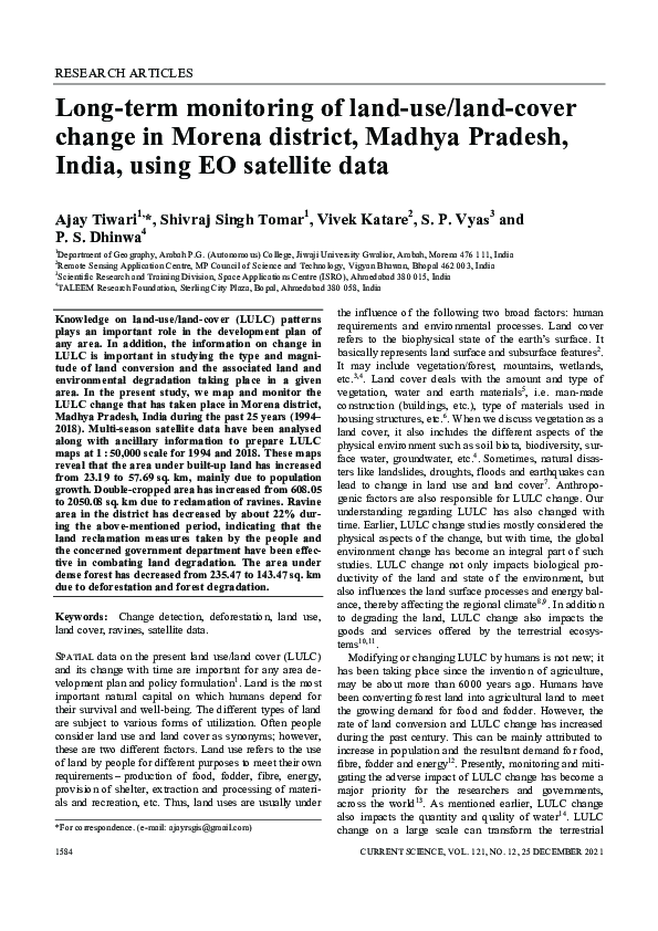(PDF) Long-Term Monitoring of Land-Use/Land-Cover Change in Morena District, Madhya Pradesh ...