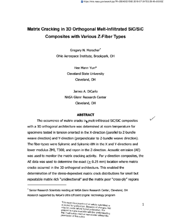 (PDF) Matrix Cracking in 3D Orthogonal Melt-Infiltrated SiC/SiC ...