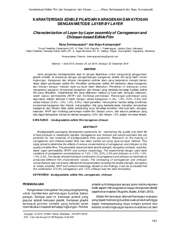 (PDF) Karakterisasi Edible Film dari Karagenan dan Kitosan dengan Metode Layer by Layer